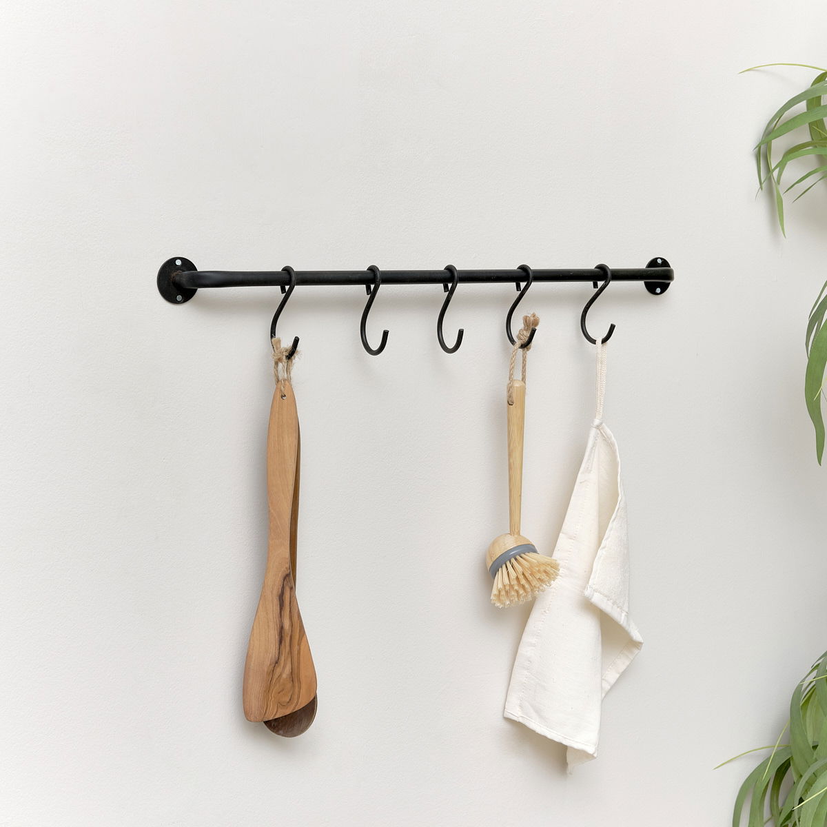 Black Industrial Wall Mounted Rail with 5 Storage Hooks | Melody Maison