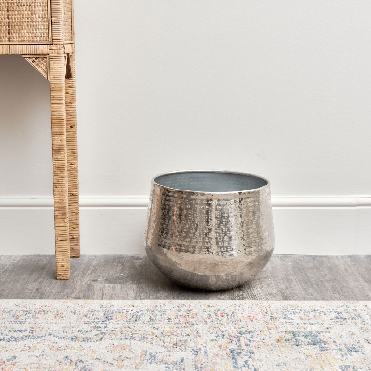 Large Round Silver Patterned Planter