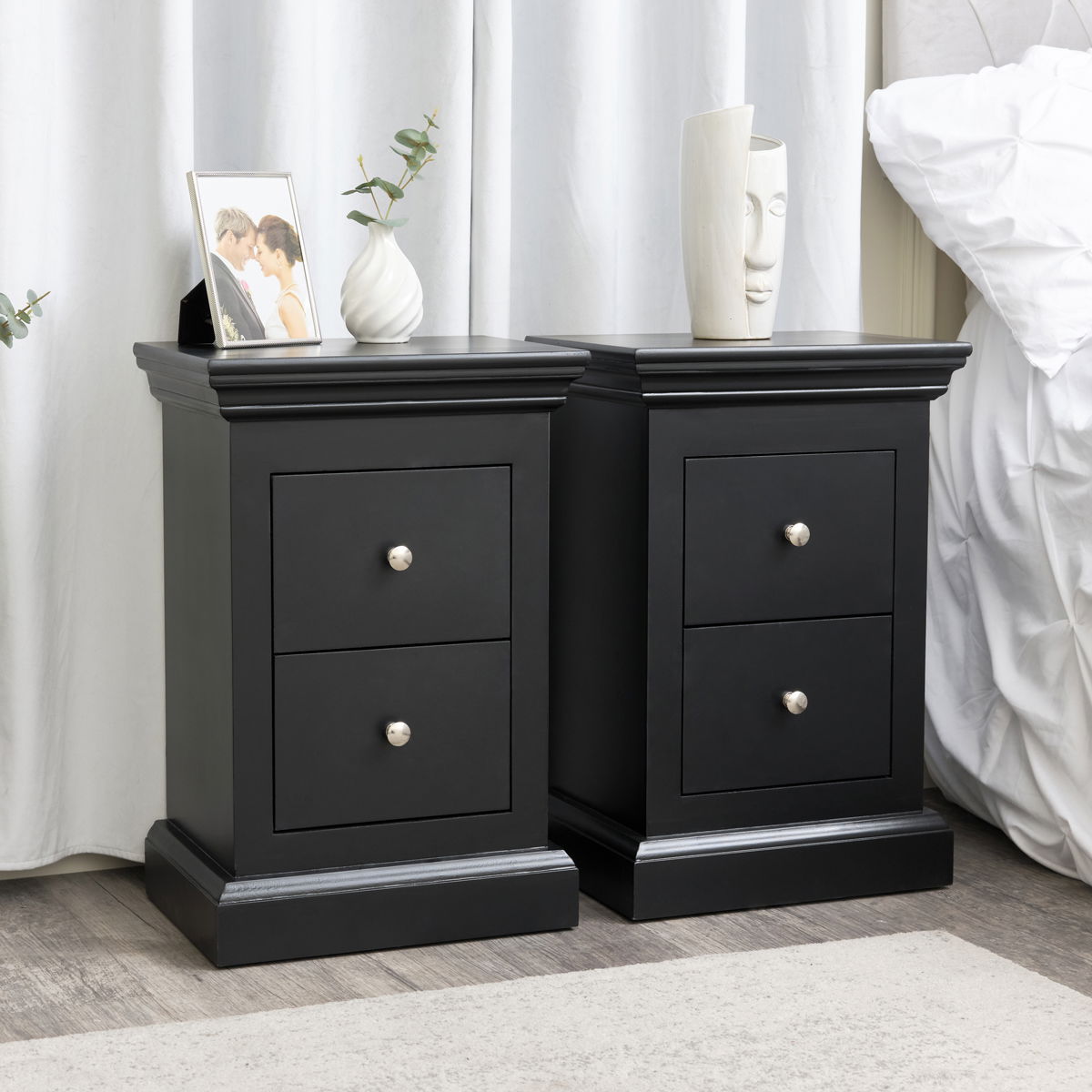 Pair of Black 2 Drawer Bedside Tables - Slimline Haxey Black Range ...