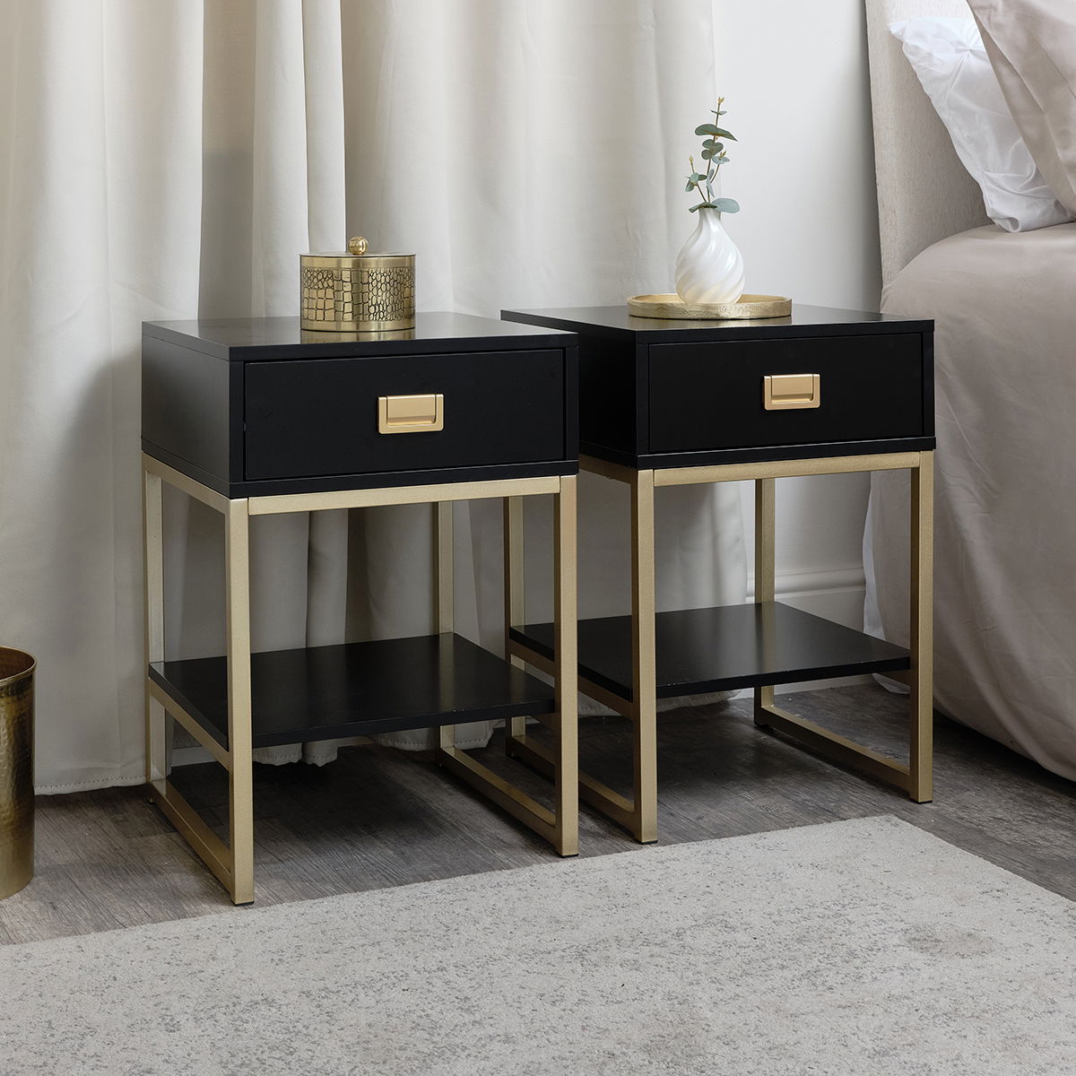 Pair of One Drawer Bedside Tables - Elle Black Range | Melody Maison