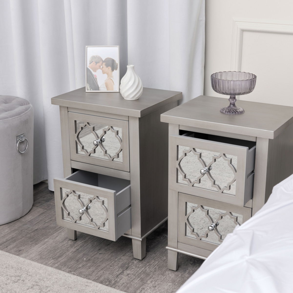 Pair of Silver Mirrored Lattice Bedside Tables - Sabrina Silver Range ...