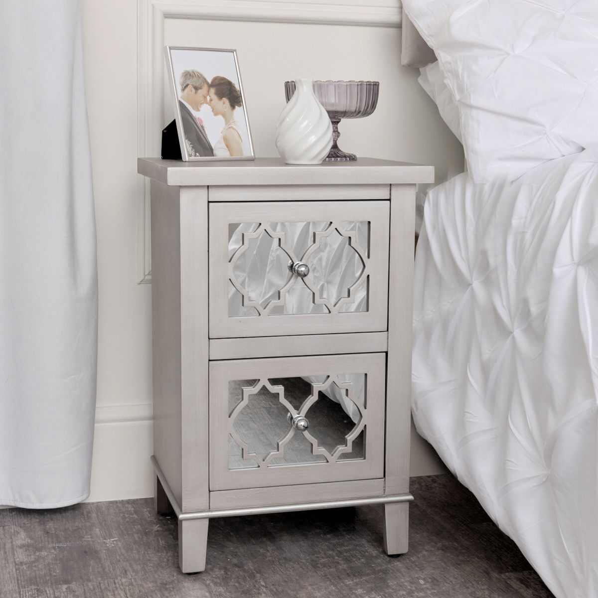 Silver Mirrored Lattice Bedside Table - Sabrina Silver Range | Melody ...